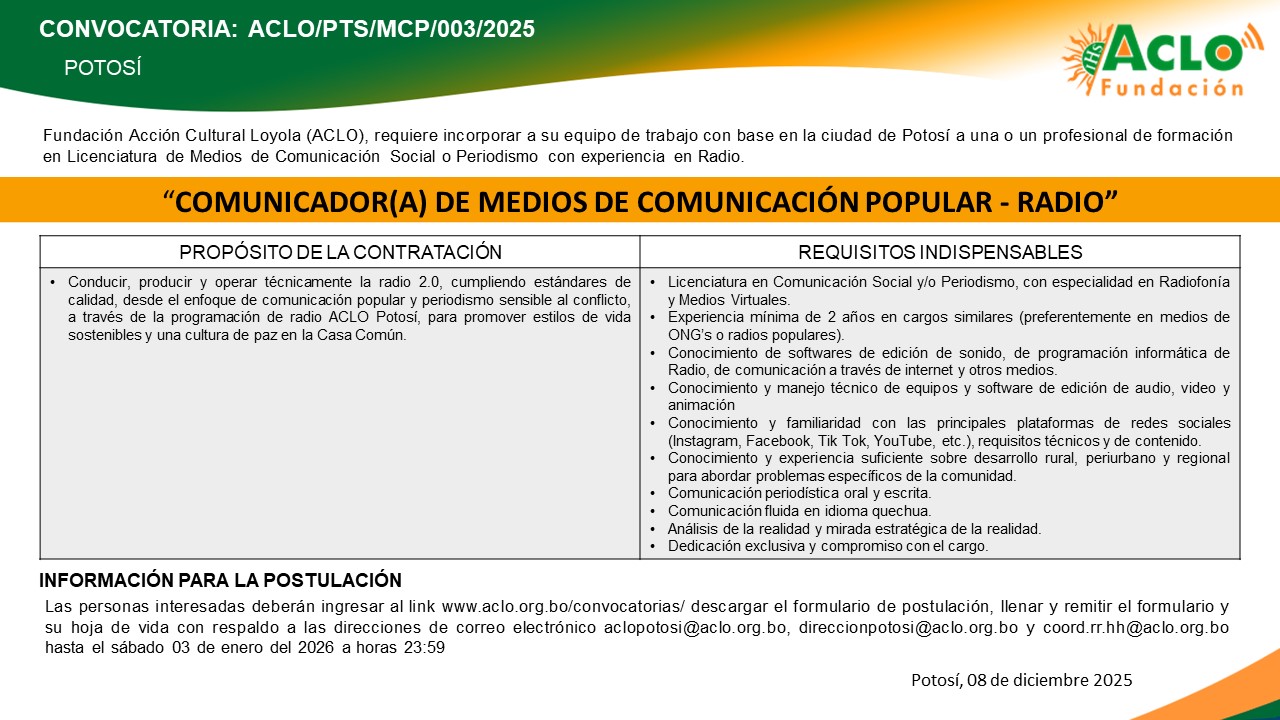 CONVOCATORIA EXTERNA ACLO/PTS/MCP/003/2025: COMUNICADOR(A) DE MEDIOS DE ...